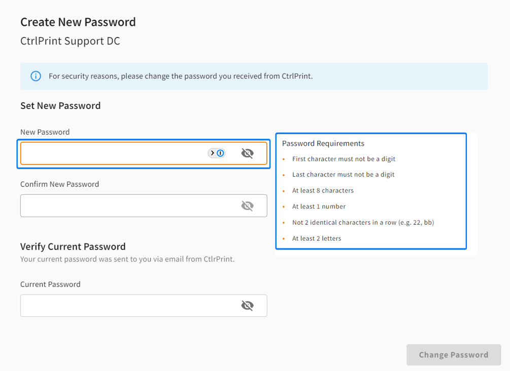 Log in to CtrlPrint and Set/Change Password